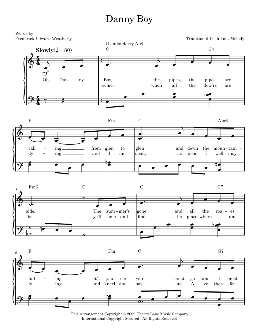 danny boy Sheet music for Piano by Frederick Weatherly: Music Notes by ...