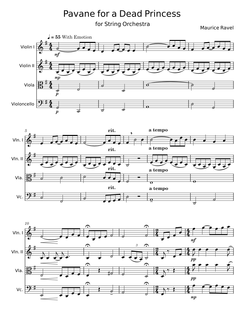 Pavane for a dead princess - Maurice Ravel Sheet Music for Violin, Viola, Cello (String Quartet ...
