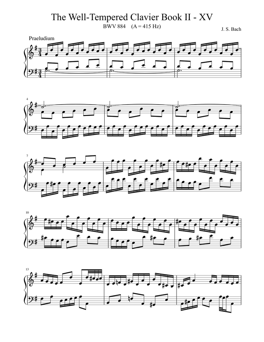 BWV 884: The Well-tempered Clavier Book II - XV (A = 415 Hz) Sheet ...