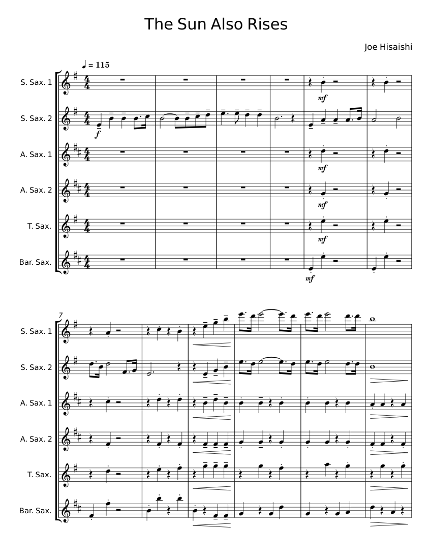 The Sun Also Rises - Joe Hisaishi Sheet Music for Saxophone alto ...