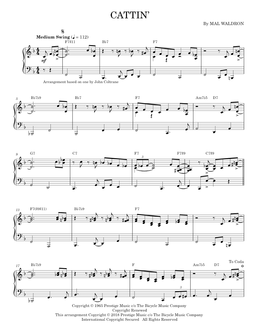 Play Official version of Cattin' sheet music by Mal Waldron for Piano ...