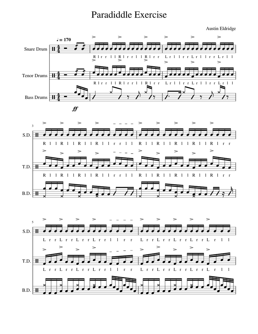 Paradiddle Exercise Sheet music for Snare drum, Tenor drum, Bass drum (Marching Band ...