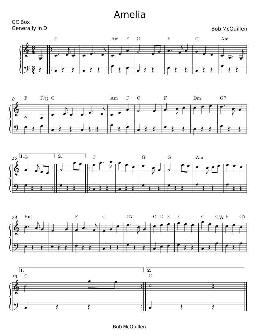 Amelia – Bob McQuillen Sheet Music with Chords for Piano (Solo) Easy ...