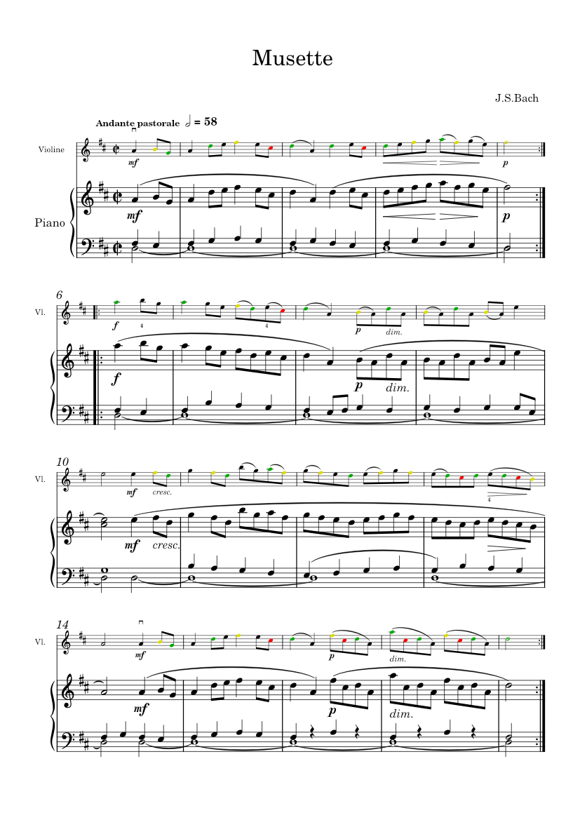 Musette – Johann Sebastian Bach Sheet music for Piano, Violin (Mixed ...