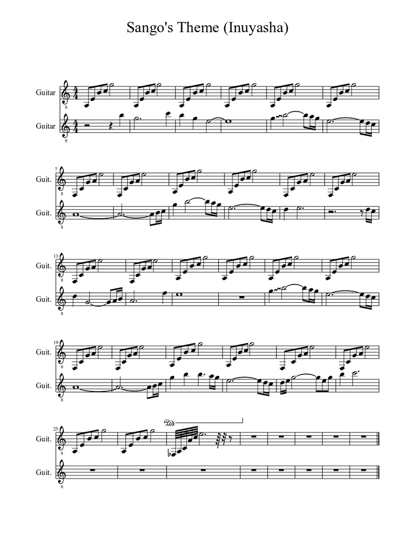 Sango's Theme (Inuyasha) Sheet music for Guitar (Mixed Duet ...