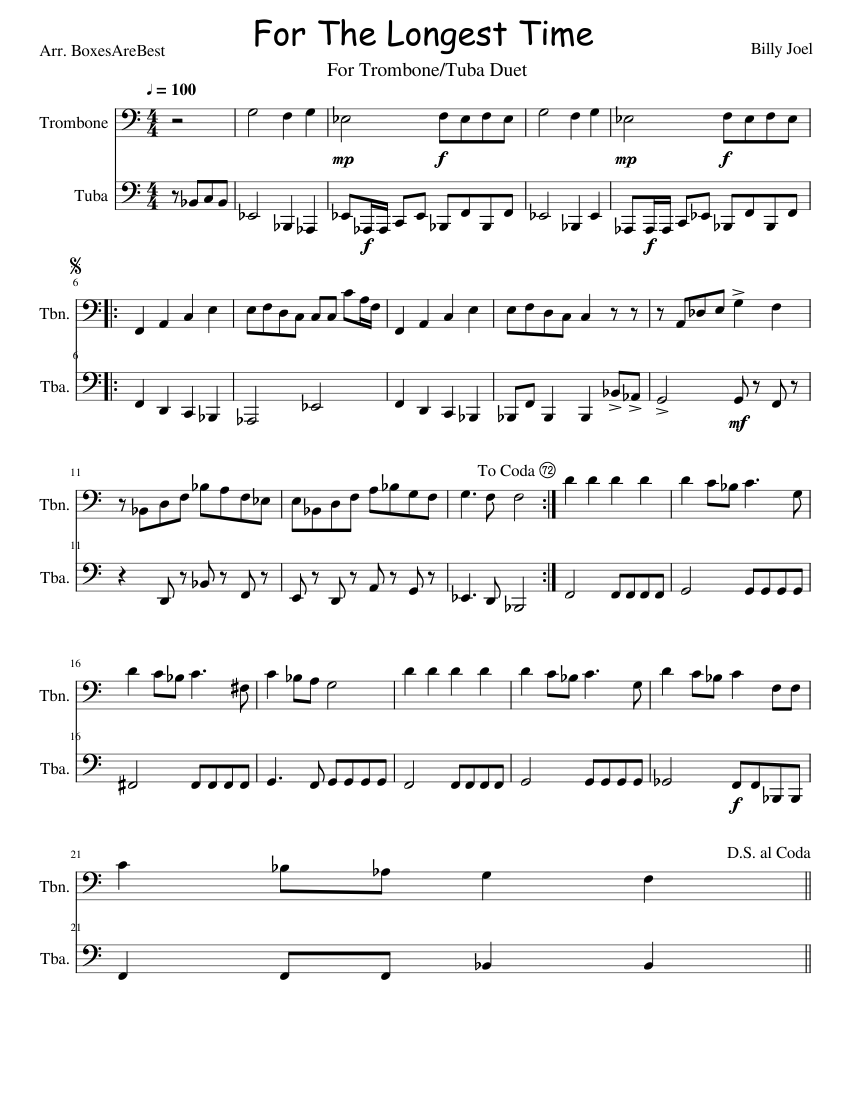 For The Longest Time Sheet music for Trombone, Tuba (Brass Duet ...