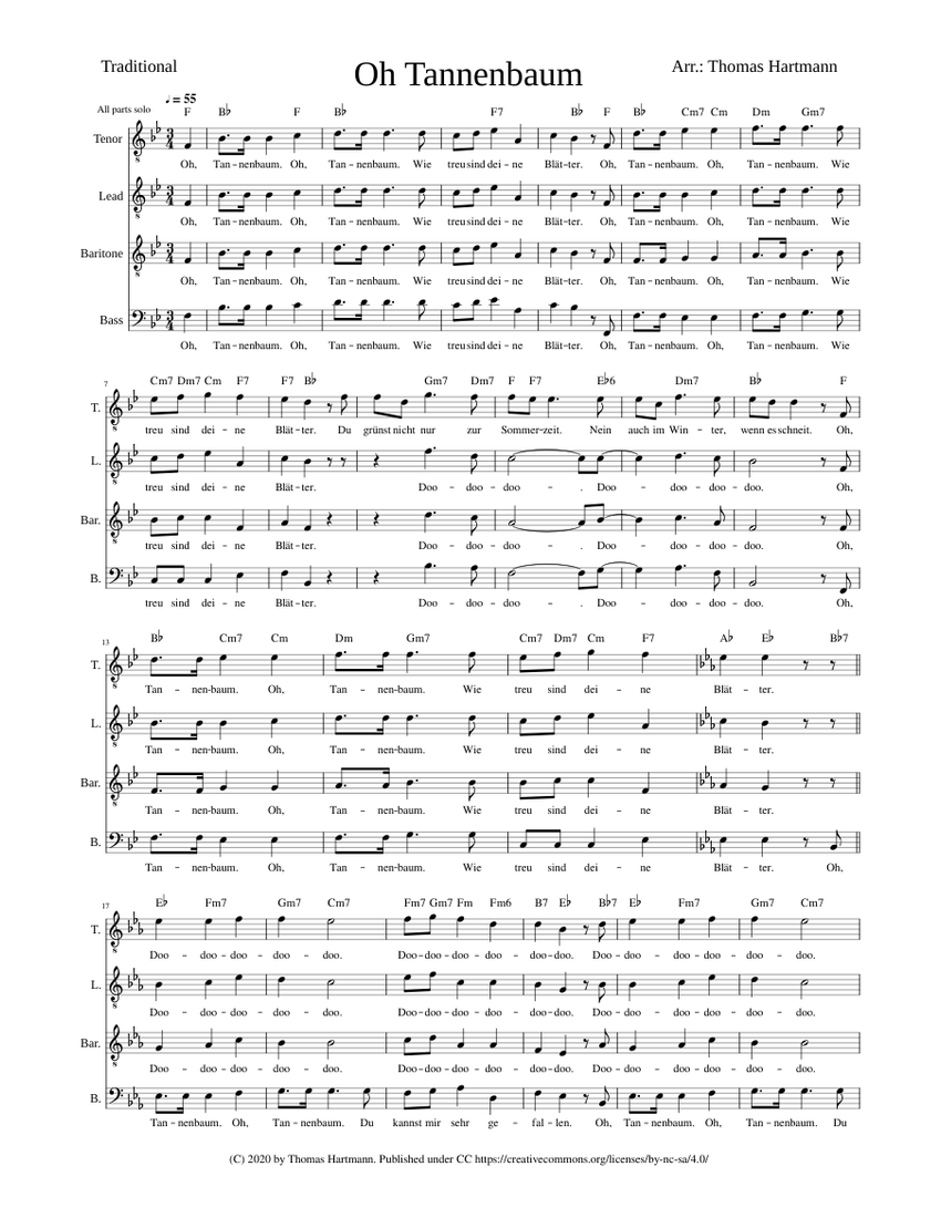 Oh Tannenbaum (Oh Christmastree) for male quartett and male choir Sheet ...