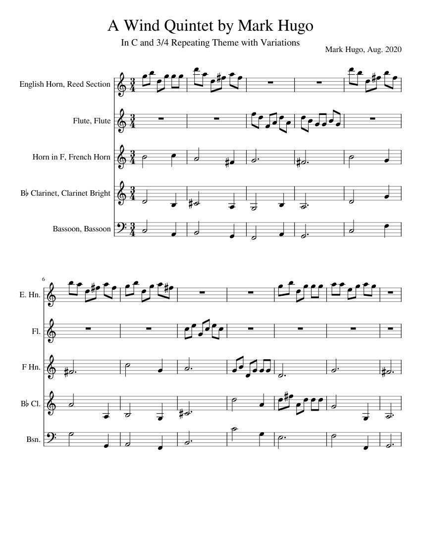 Thematic Wind Quintet in C and 3/4 Strong Theme with Variations Sheet ...