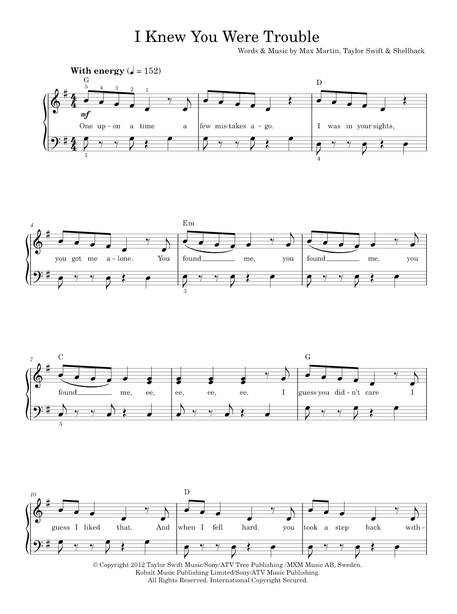 i knew you were trouble Sheet music for Piano by Taylor Swift Official ...