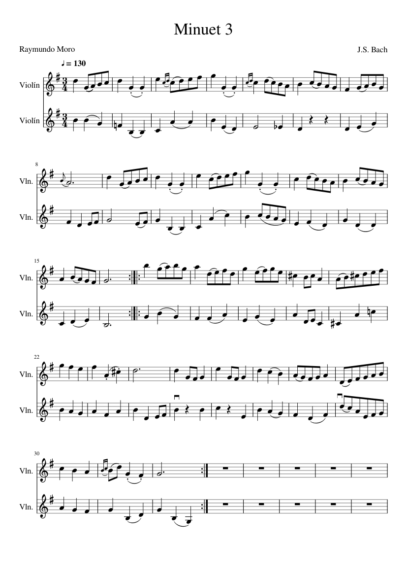 Minuet 3 - Bach Sheet Music for Violin (String Duet) | MuseScore.com