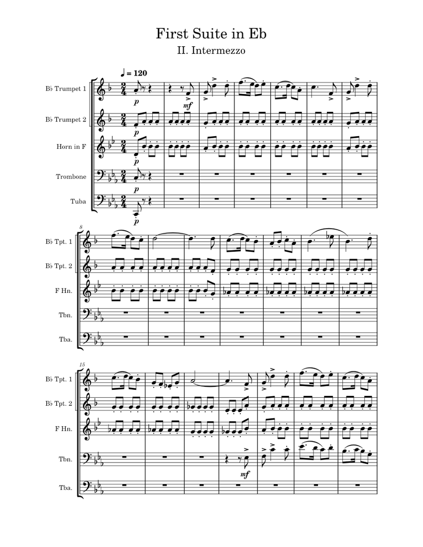 First Suite in Eb – II. Intermezzo - Brass Quintet Sheet music for ...