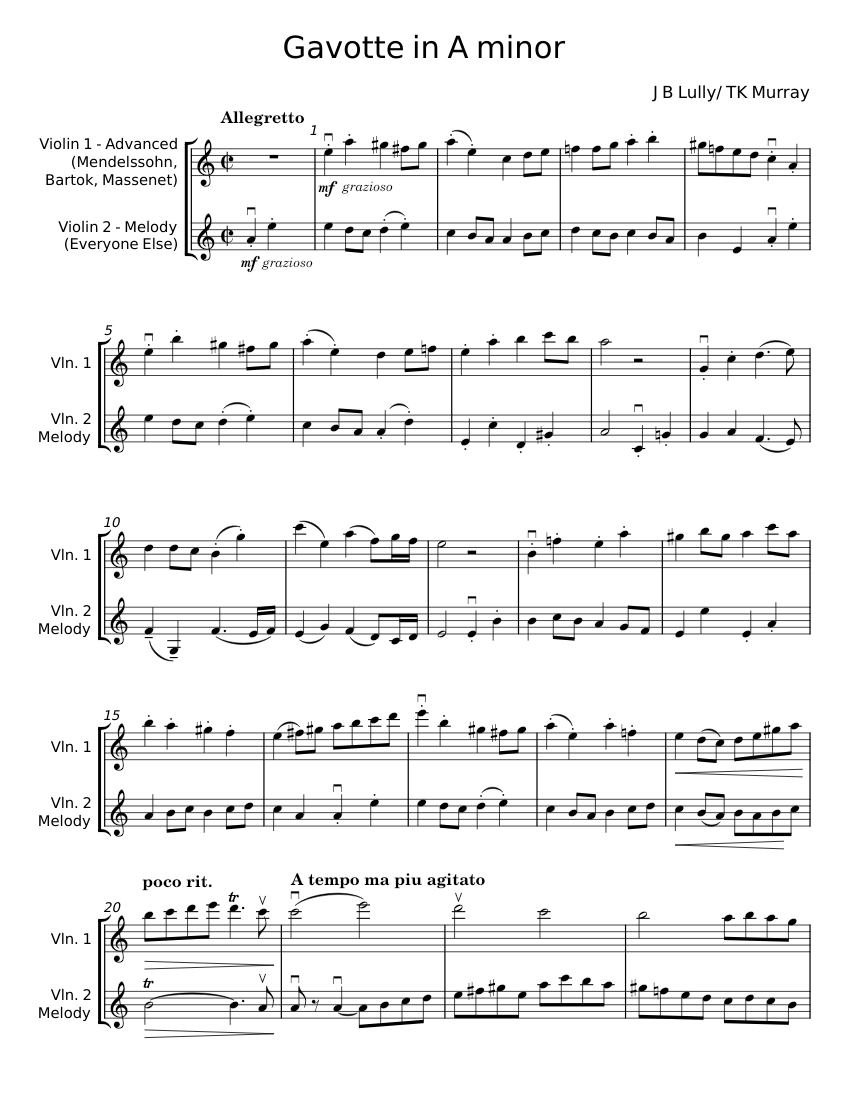 Gavotte in A minor - J B Lully Sheet Music for Violin (String Duet ...