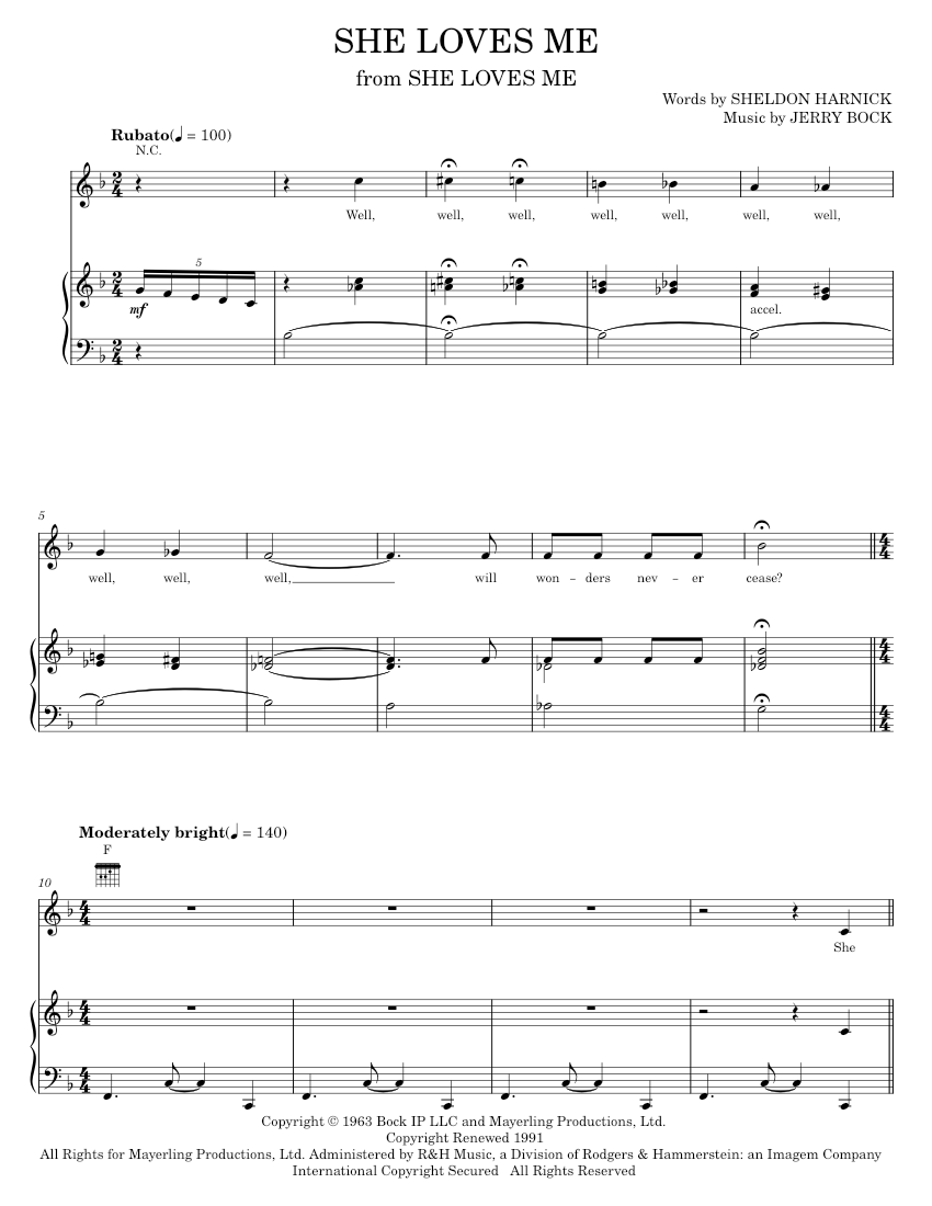 She Loves Me Sheet music for Piano, Vocals by Bock & Harnick, She Loves ...