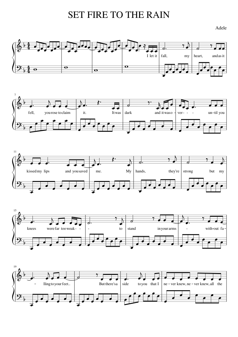 Set fire to the rain – Adele Sheet Music for Piano (Solo) Easy ...