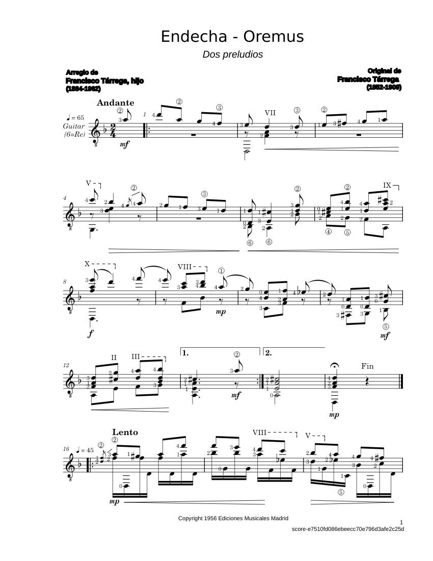 Endecha-Oremus (Dos preludios) – Francisco Tárrega Sheet Music for Guitar (Solo) | MuseScore.com