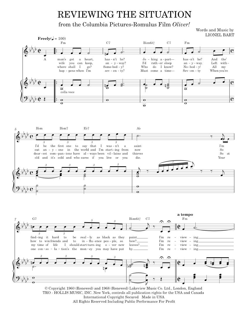 Reviewing The Situation Sheet music for Piano, Vocals by Lionel Bart ...