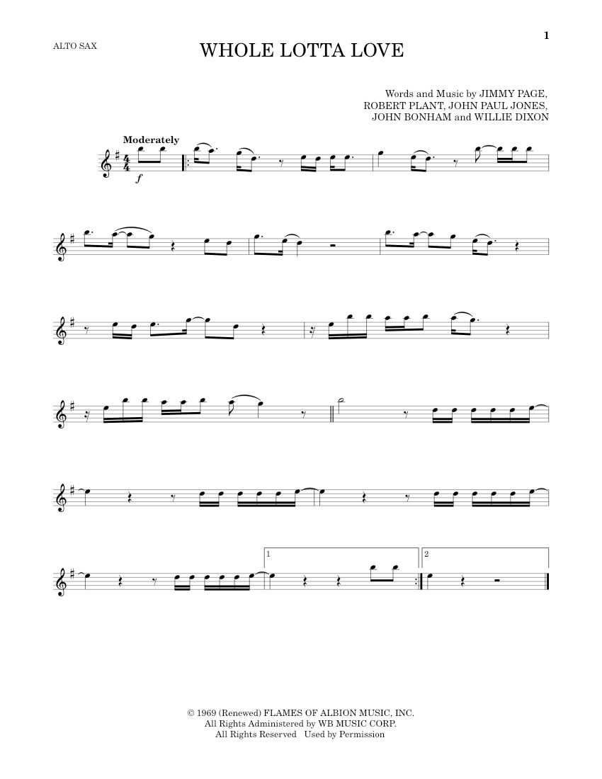 Play Official version of Whole lotta love sheet music by Led Zeppelin for Saxophone alto ...