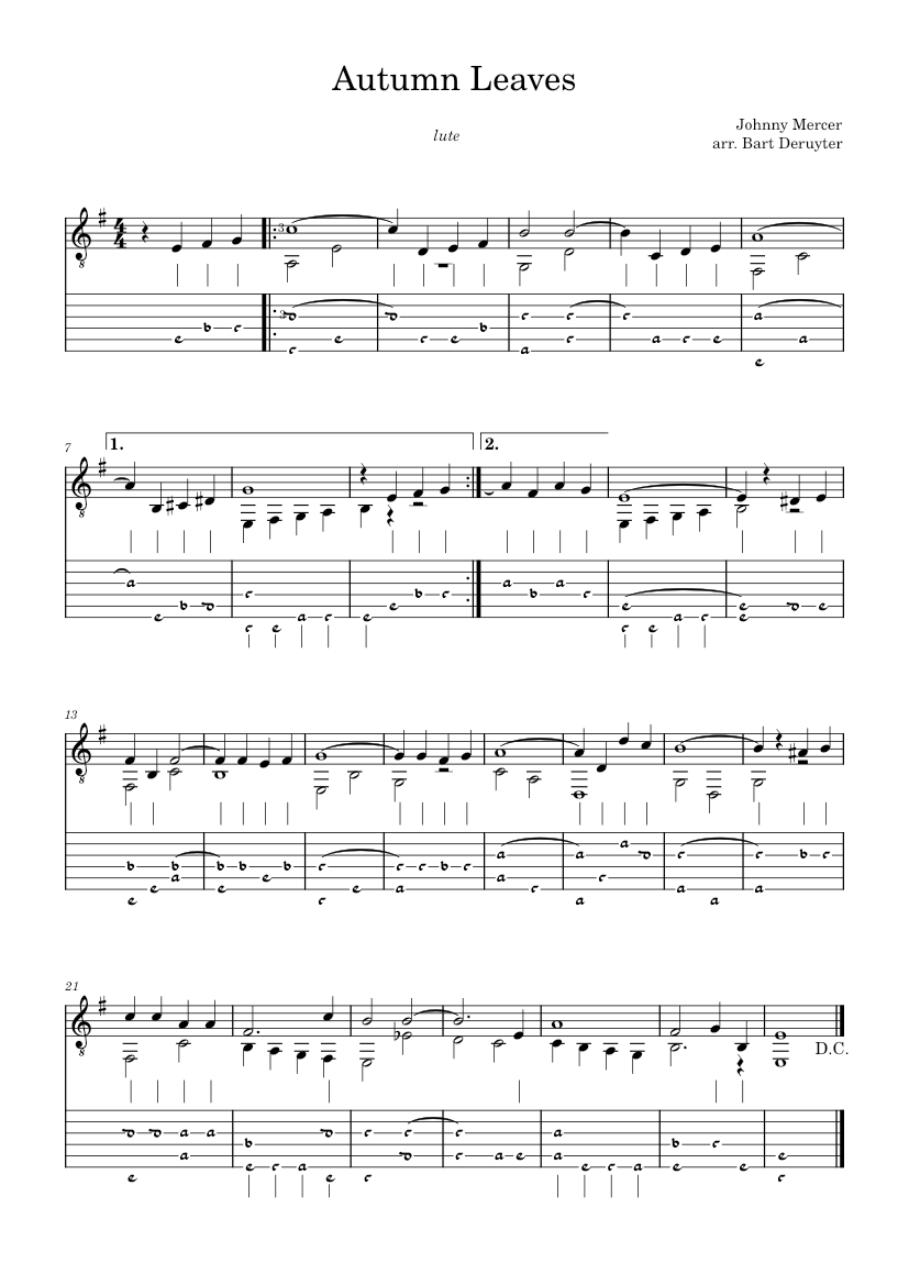 Autumn Leaves - Johnny Mercer Sheet Music and Tab for Guitar (Solo ...