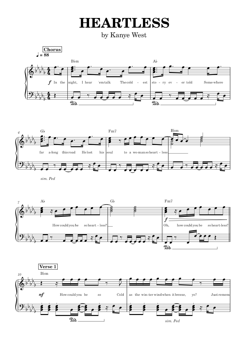 Play Official version of Heartless Sheet Music by Kanye West for Piano ...