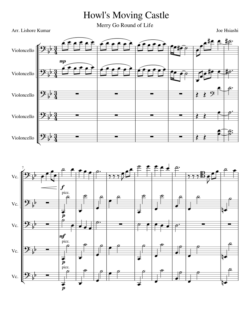 Howl's Moving Castle for 5 Cellos Sheet music for Cello (Mixed Quintet ...