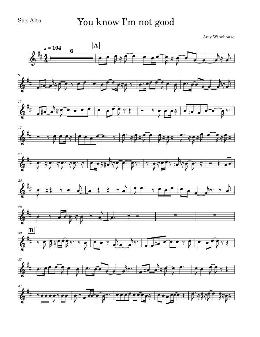 You know I'm not good – Amy Winehouse (Sax Alto) Sheet music for ...