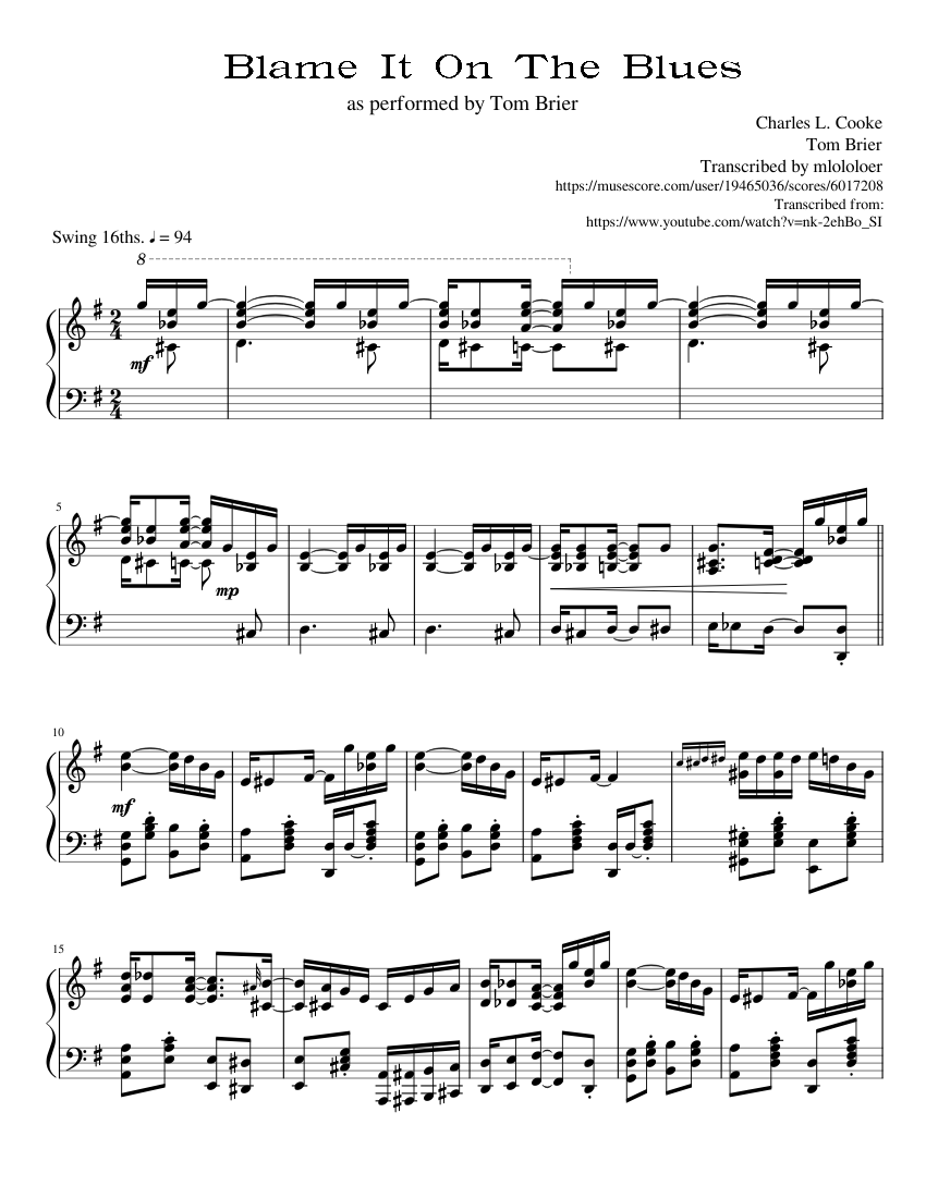 Blame It On The Blues - as performed by Tom Brier Sheet music for Piano (Solo) | Musescore.com