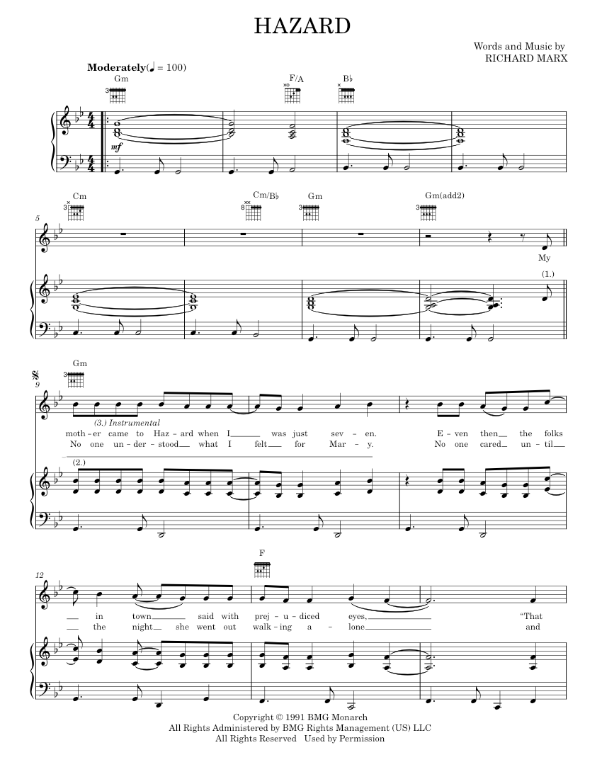 Play Official version of Hazard Sheet Music by Richard Marx for Piano ...