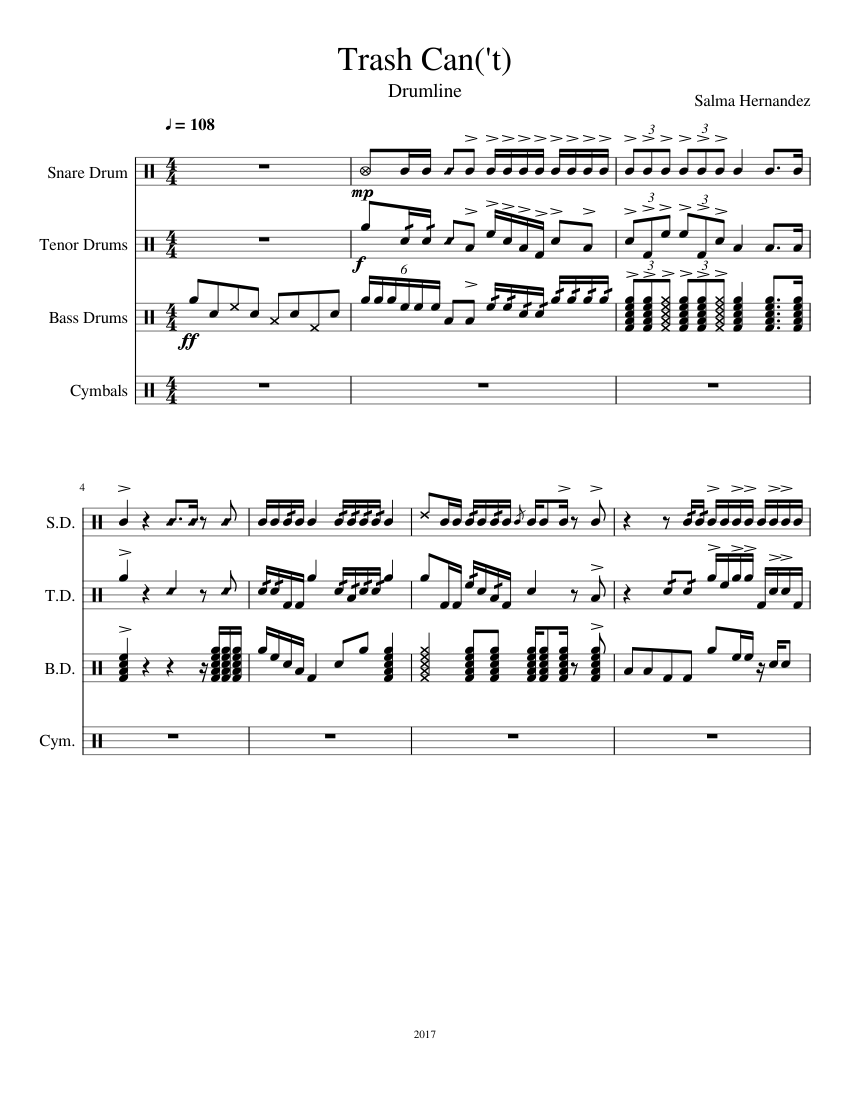 Trash Can('t) Sheet music for Snare drum, Crash, Tenor drum, Bass drum ...
