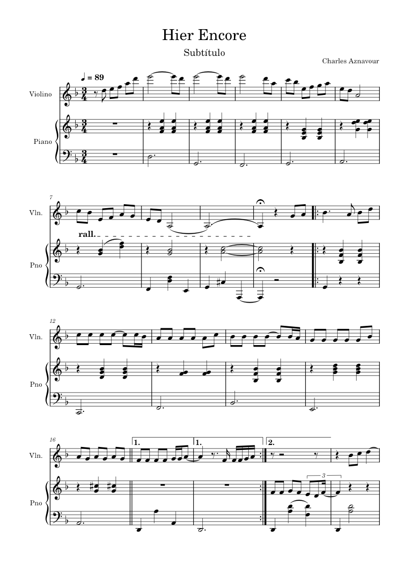 Hier encore dueto Sheet music for Piano, Violin (Mixed Duet ...
