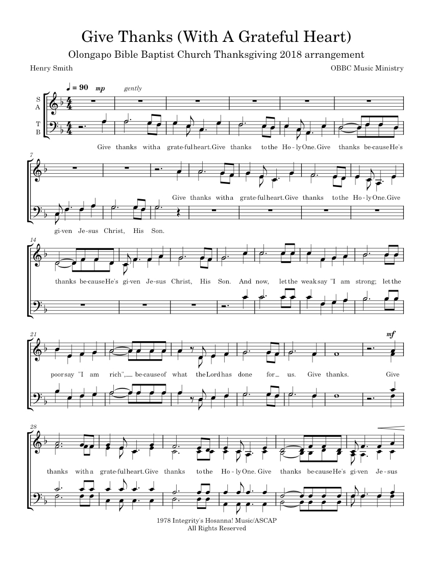 Give Thanks (With A Grateful Heart) OBBC Sheet Music for Synthesizer ...