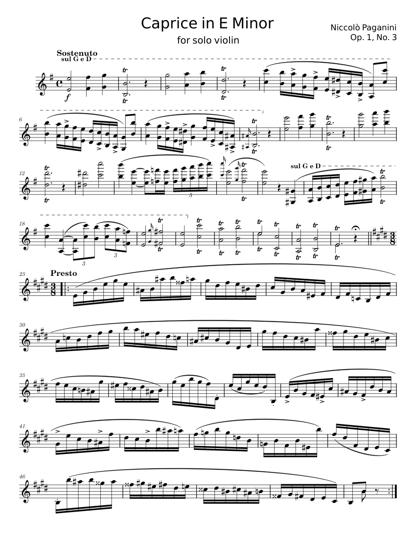 Paganini Caprice No. 3 in E Minor 'Sostenuto' - Niccolò Paganini Sheet ...