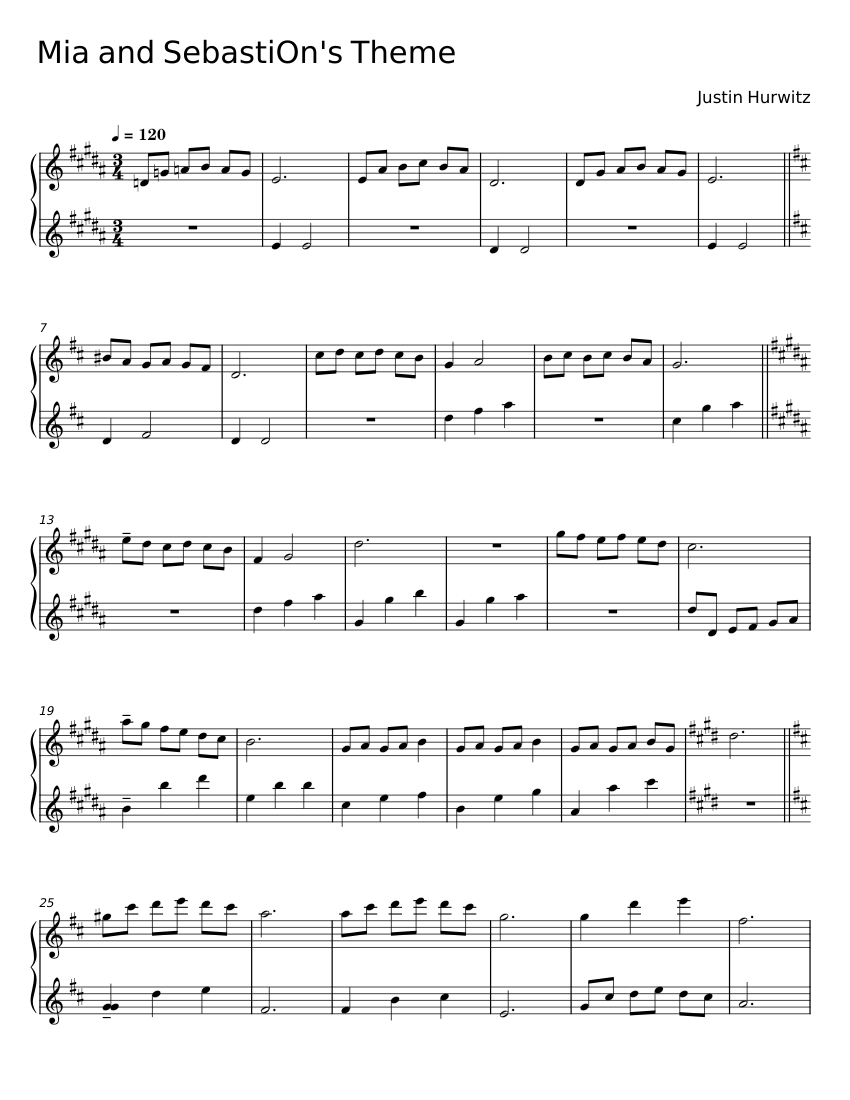 Mia and SebastiOn's Theme - Justin Hurwitz Sheet Music for Piano (Solo ...