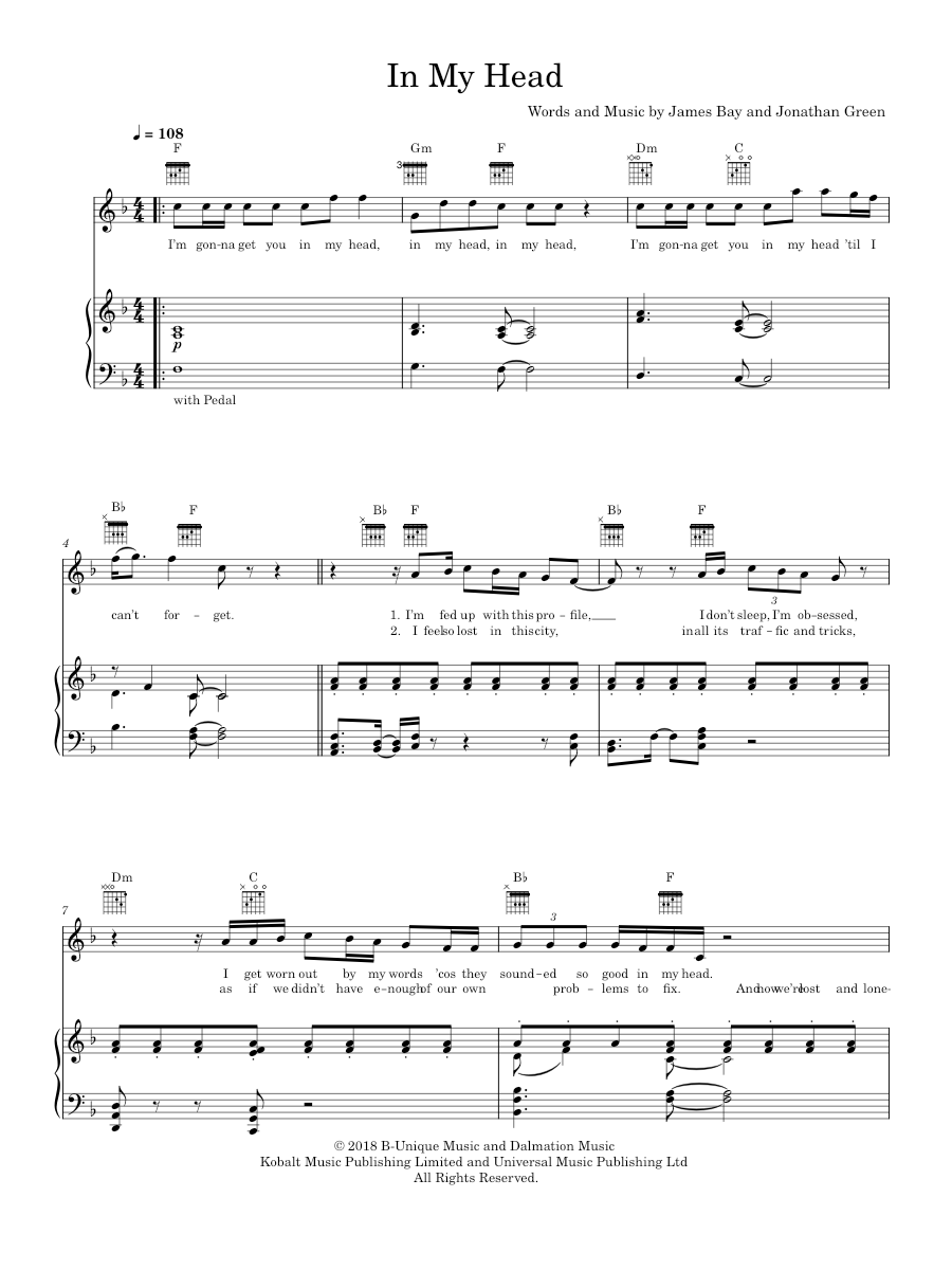 in my head Sheet music for Piano, Vocals by James Bay: Music Notes by ...