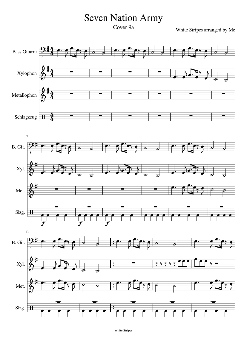 Seven Nation Army - Orff Instruments Sheet Music for Bass guitar, Drum ...