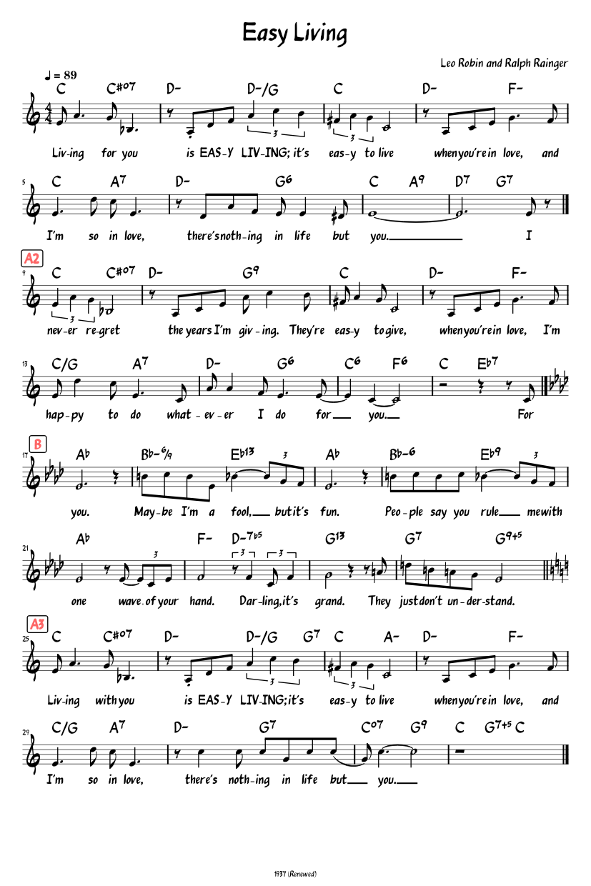 Easy Living (Lead sheet with lyrics ) Sheet music for Piano (Solo ...
