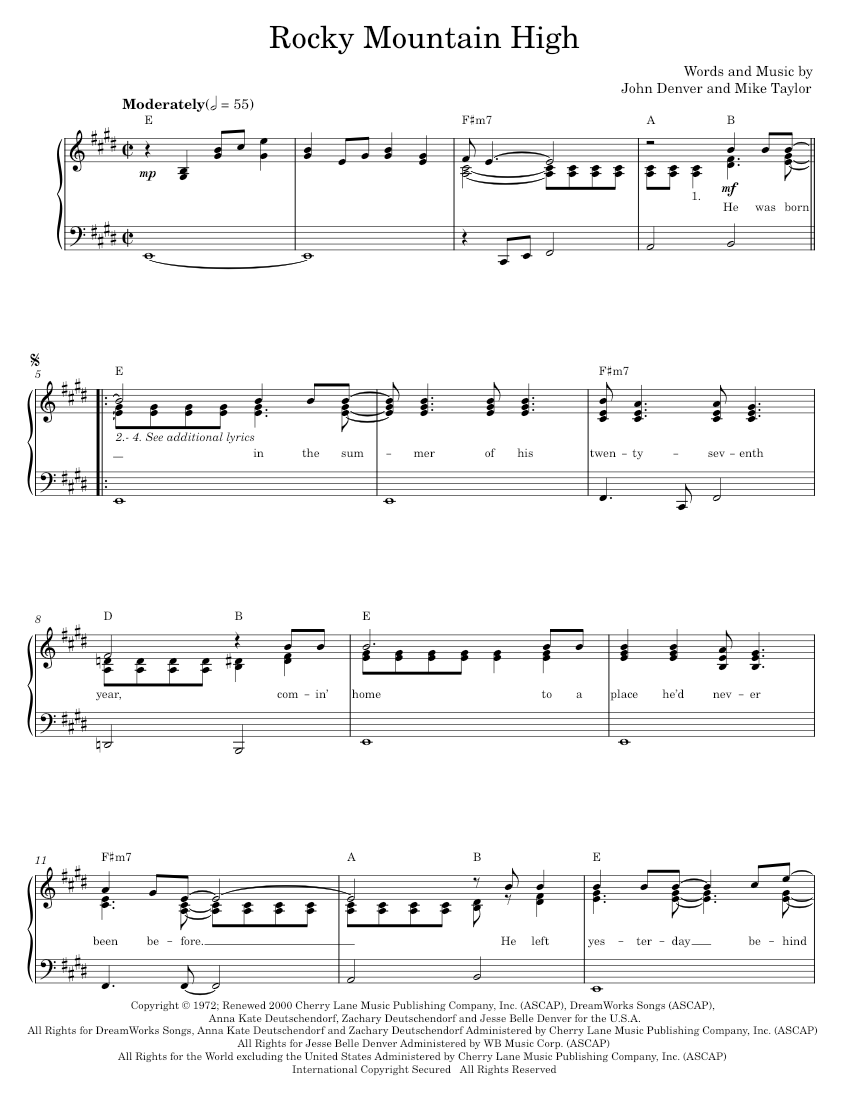 rocky mountain high Sheet music for Piano by John Denver Official ...