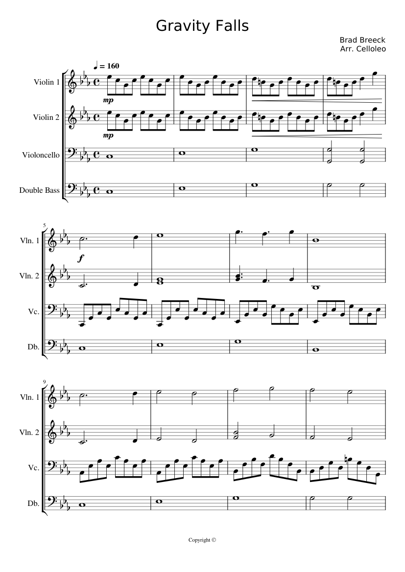 Gravity Falls Theme Sheet Music for Piano, Contrabass, Violin, Cello ...