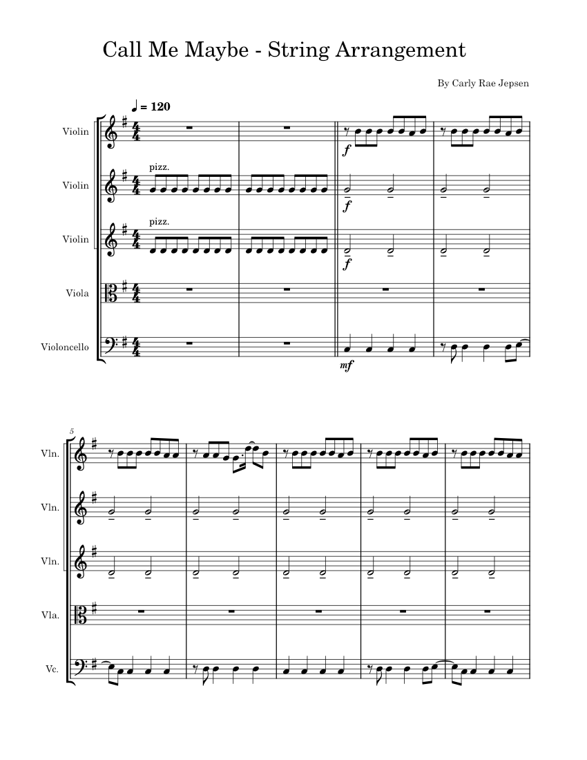 Call Me Maybe by Carly Rae Jepsen Sheet music for Violin, Viola, Cello ...