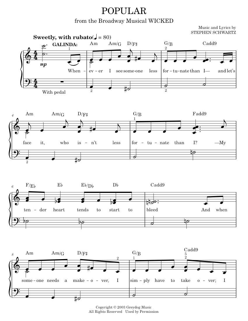 Play Official version of Popular (from Wicked) sheet music by Stephen ...