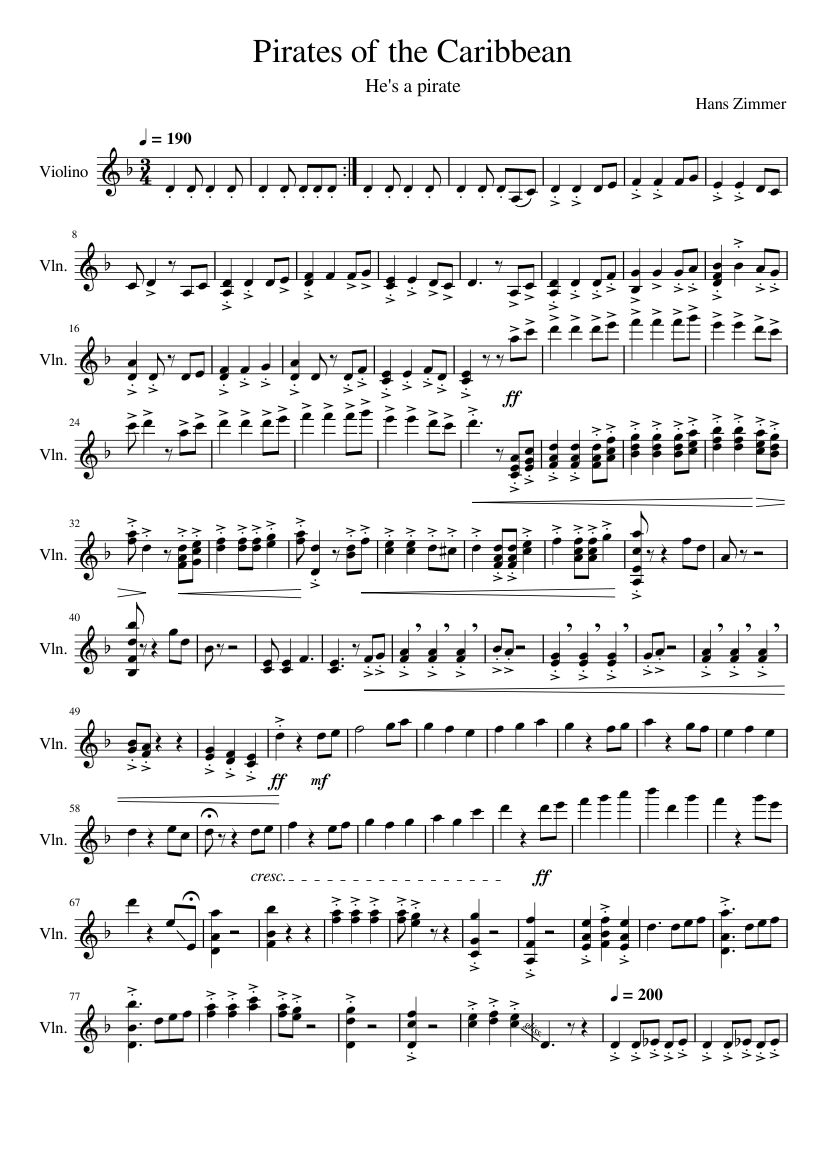Pirates of the Caribbean Sheet music for Violin (Solo) | Musescore.com