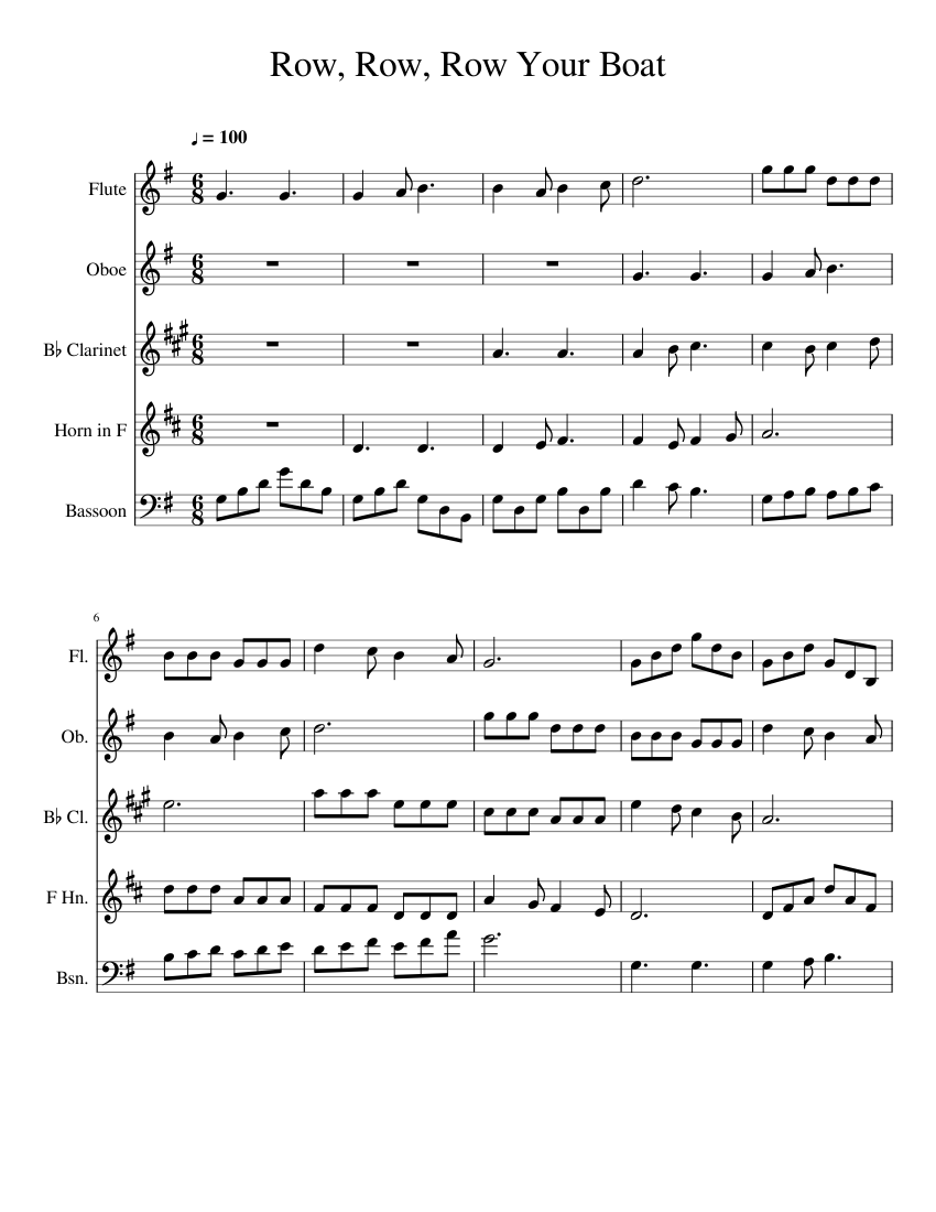 Row, Row, Row Your Boat Sheet Music for Flute, Oboe, Bassoon, Clarinet ...