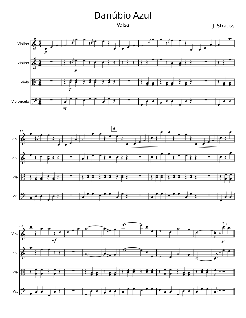 Danúbio Azul - J. Strauss Sheet Music for Violin, Viola, Cello (String ...