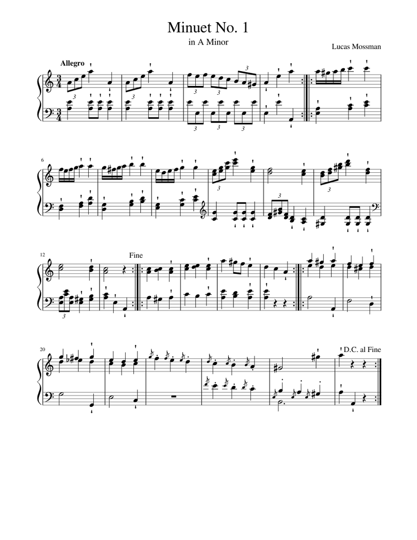 Minuet No. 1 in A Minor Sheet music for Piano (Solo) | Download and print in PDF or MIDI free ...