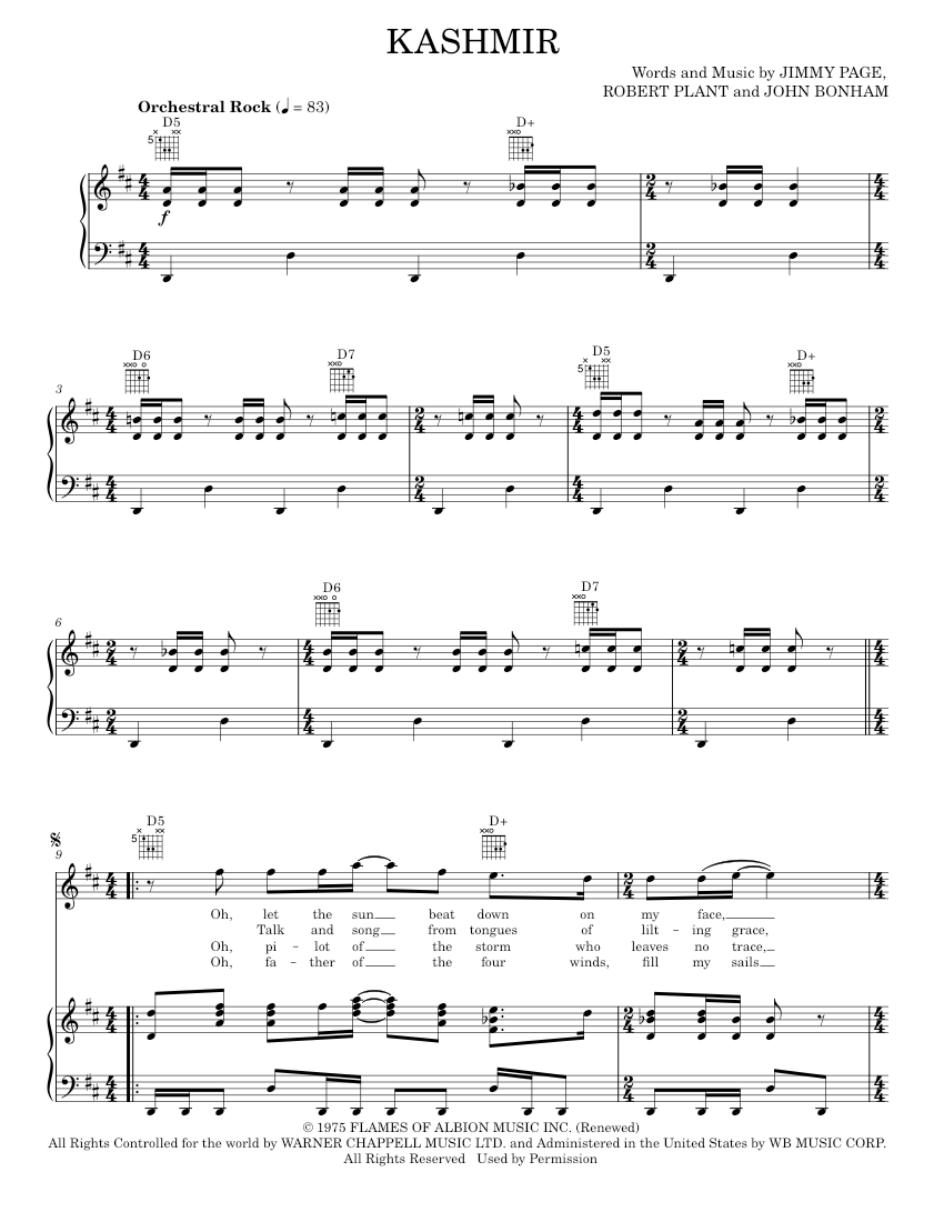 Play Official version of Kashmir Sheet Music by Led Zeppelin for Piano, Vocals | MuseScore.com