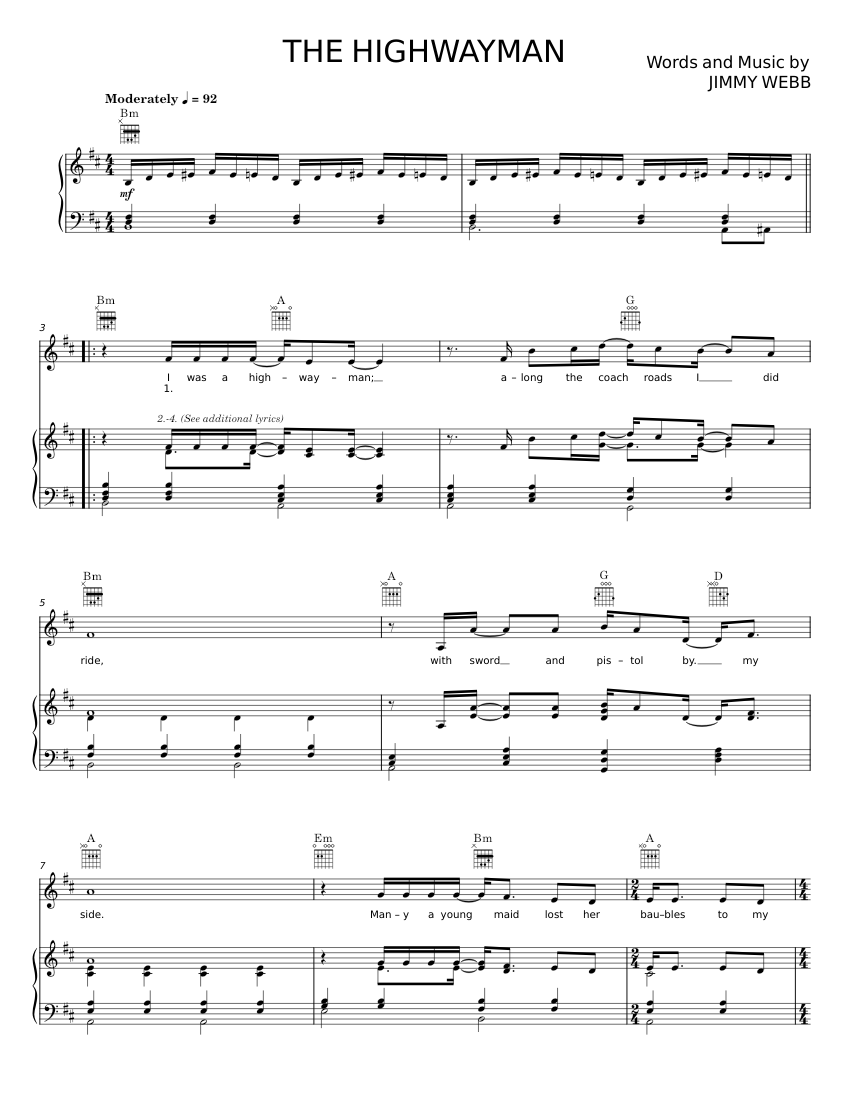 THE HIGHWAYMAN - JIMMY WEBB Sheet Music with Chords for Piano ...