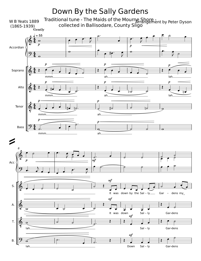 Down by the Sally Gardens - W. B. Yeats Sheet music for Accordion, Bass ...