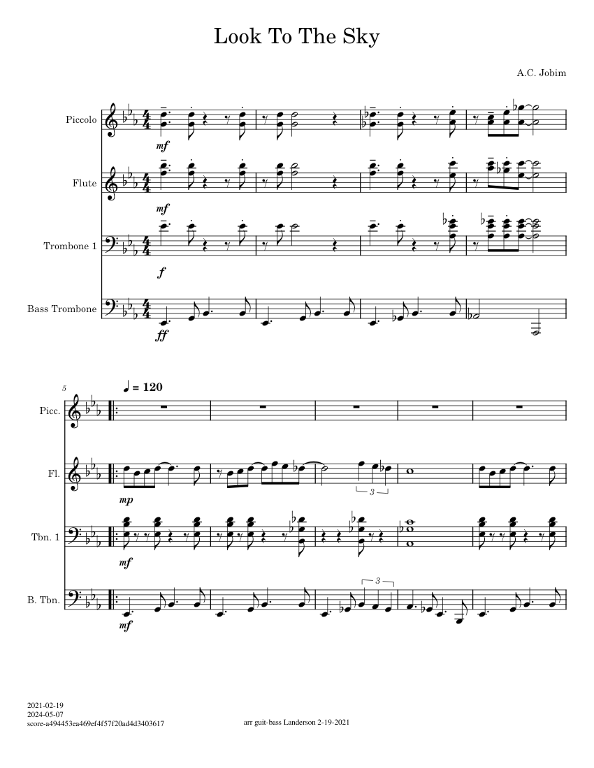 Look To The Sky – Antonio Carlos Jobim Sheet Music for Trombone, Flute ...