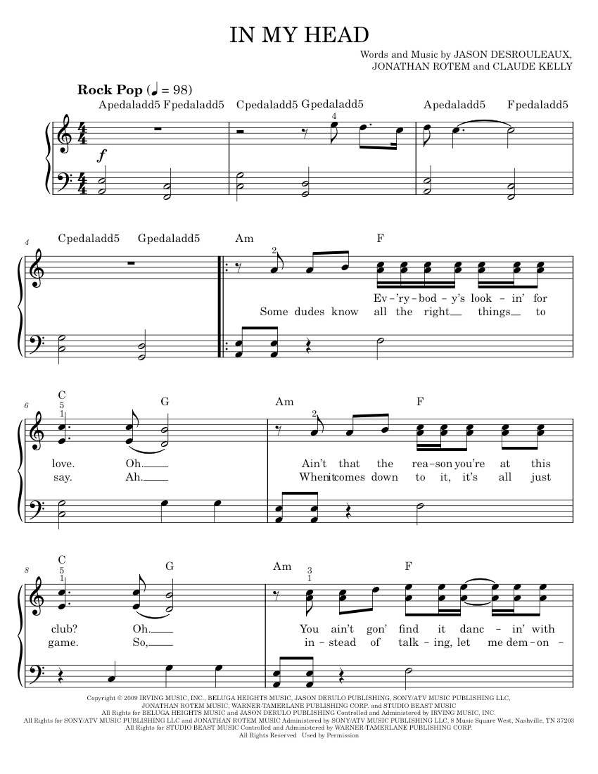 Play Official version of In my head Sheet Music by Jason Derulo for ...