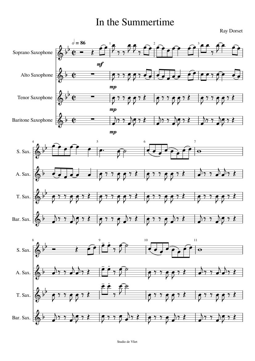 In the Summertime Sheet Music for Saxophone alto, Saxophone tenor ...
