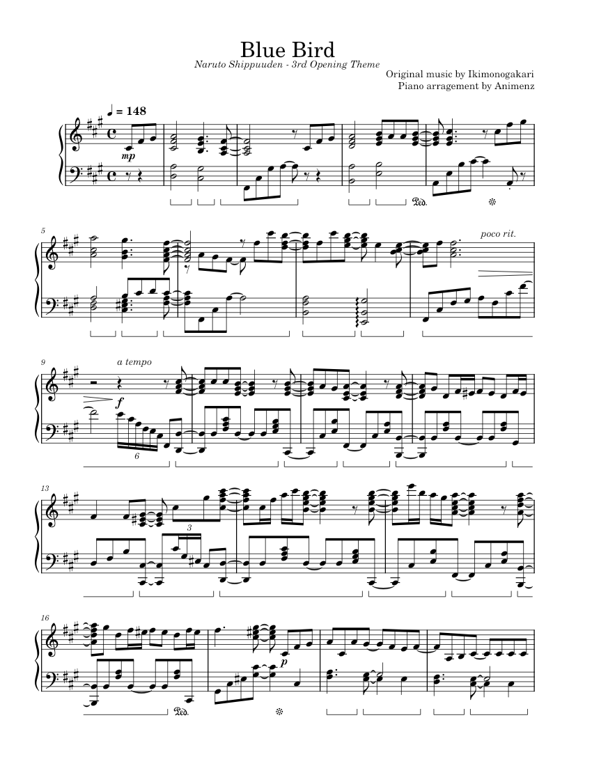 Blue bird – Ikimono-Gakari arr. Animenz Sheet Music for Piano (Solo ...